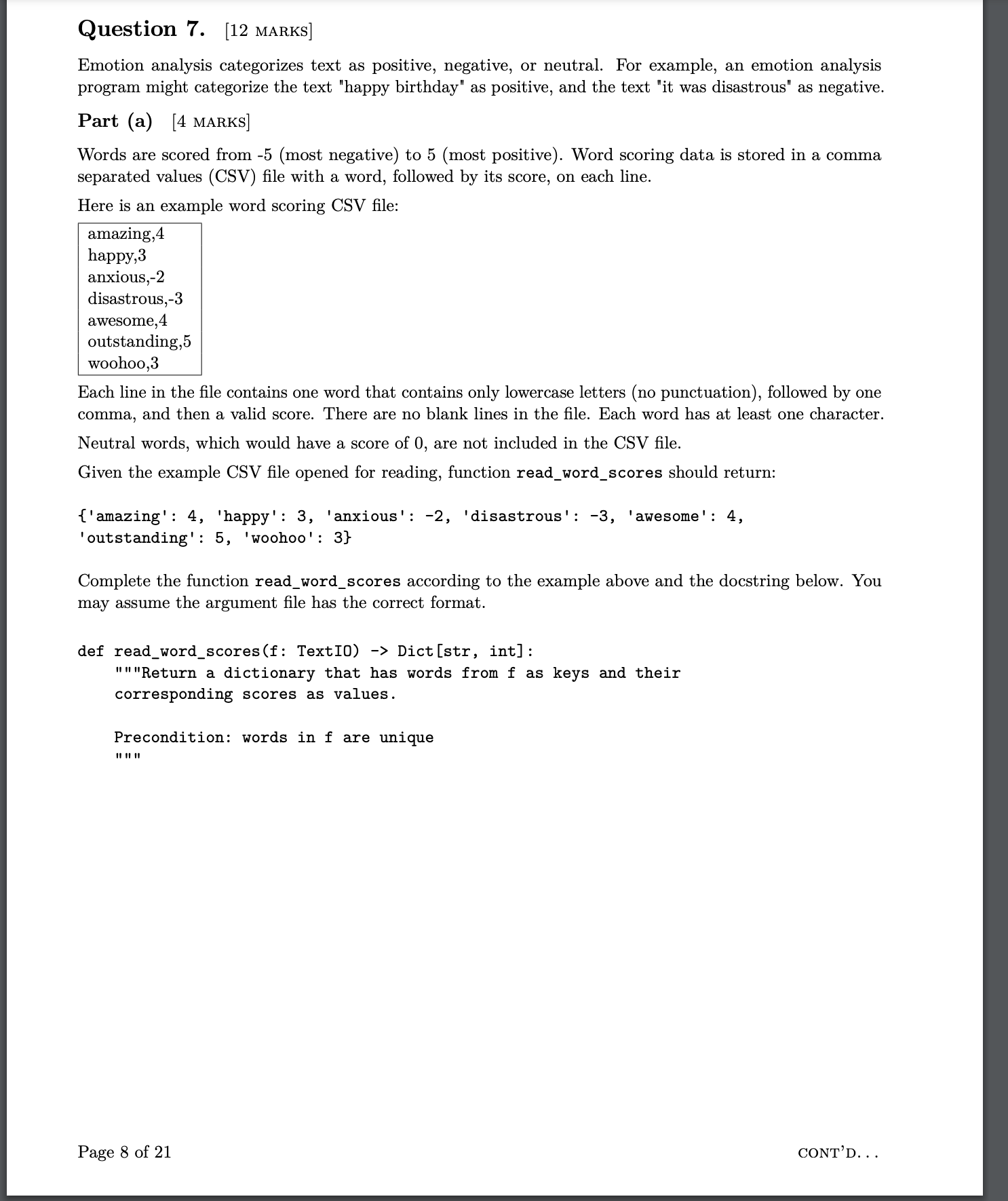 Solved Part (a) [4 MARKS] Words are scored from -5 (most | Chegg.com