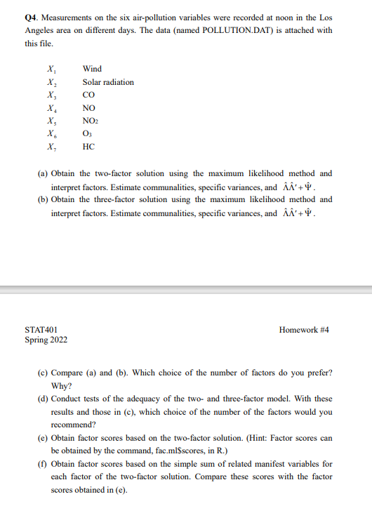 Q4. Measurements on the six air-pollution variables | Chegg.com