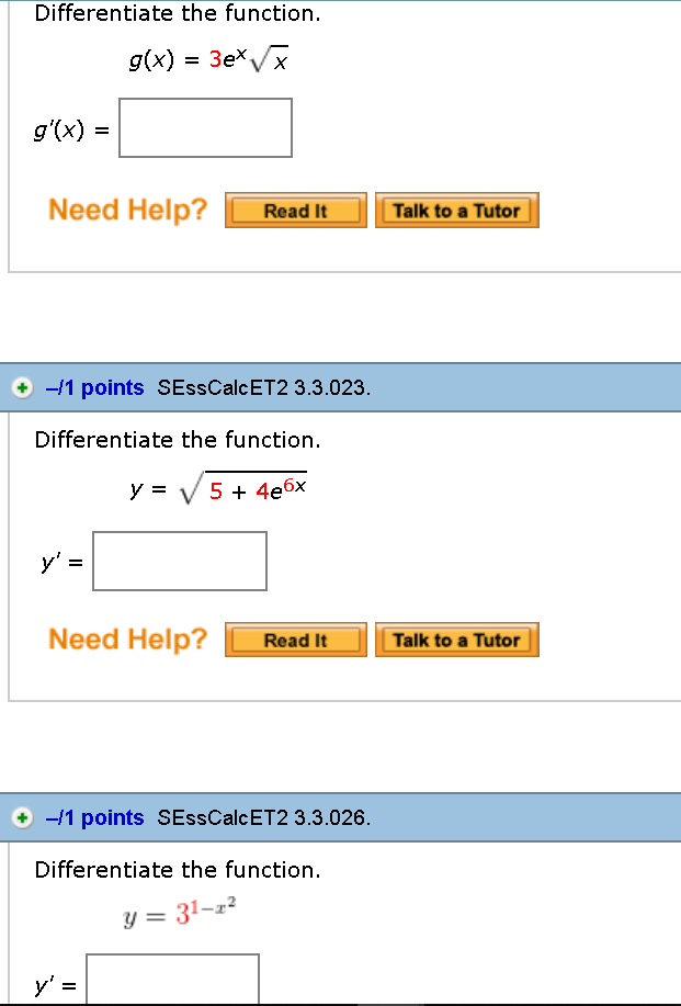 Solved Differentiate the function. g(x) 3ex g'(x) Need | Chegg.com