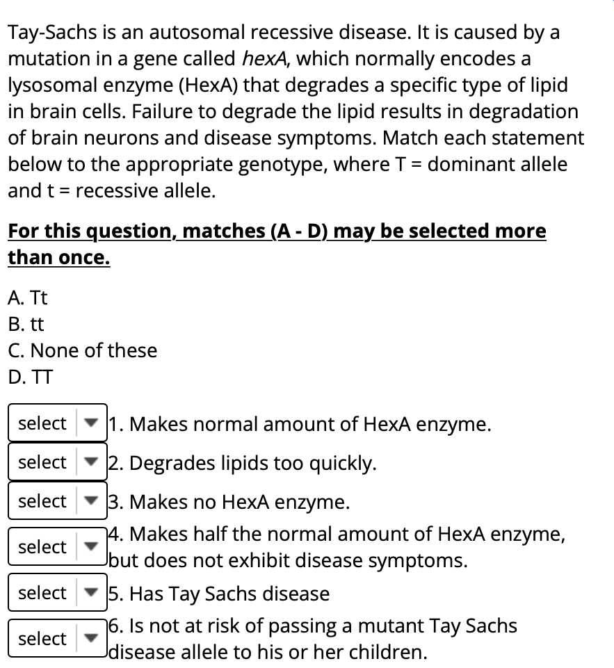 Solved Tay-Sachs is an autosomal recessive disease. It is | Chegg.com