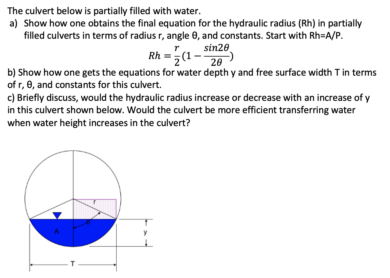 Solved The culvert below is partially filled with water. a) | Chegg.com