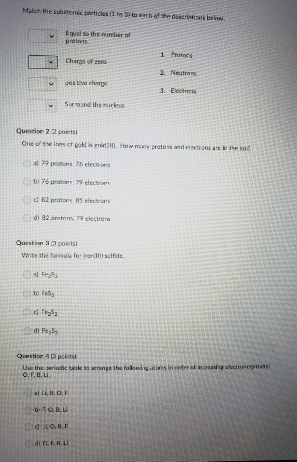 Solved Match the subatomic particles (1 to 3) to each of the | Chegg.com