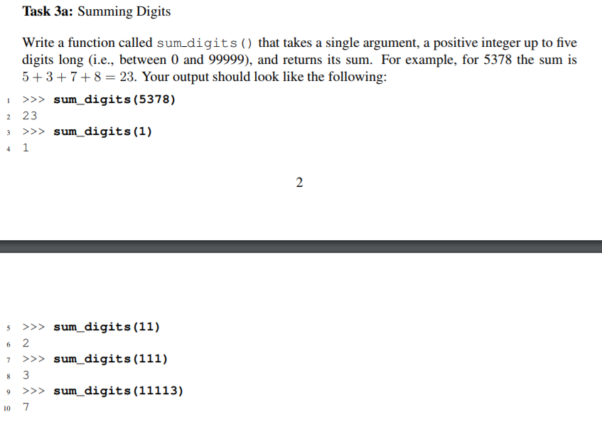 Solved In Python Code PleaseTask 3a Summing Digits Write