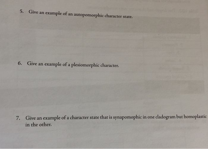 Solved 5. Give an example of an autopomorphic character | Chegg.com