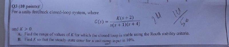 Solved Tu Q3 (10 points) For a unity feedback closed-loop | Chegg.com