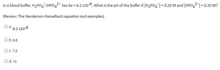 Solved In a blood buffer, H2PO4+/HPO42-has ka = 6.2 x10-8. | Chegg.com