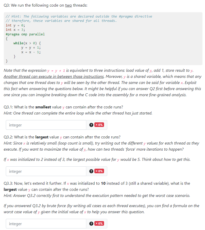 Solved Q3: We run the following code on two threads: // | Chegg.com