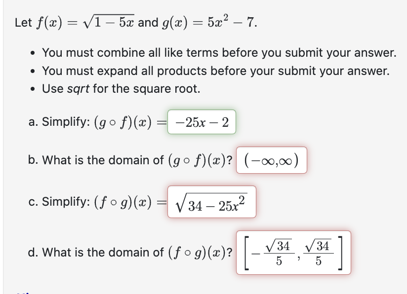 Solved Let f(x)=1−5x and g(x)=5x2−7. - You must combine all | Chegg.com