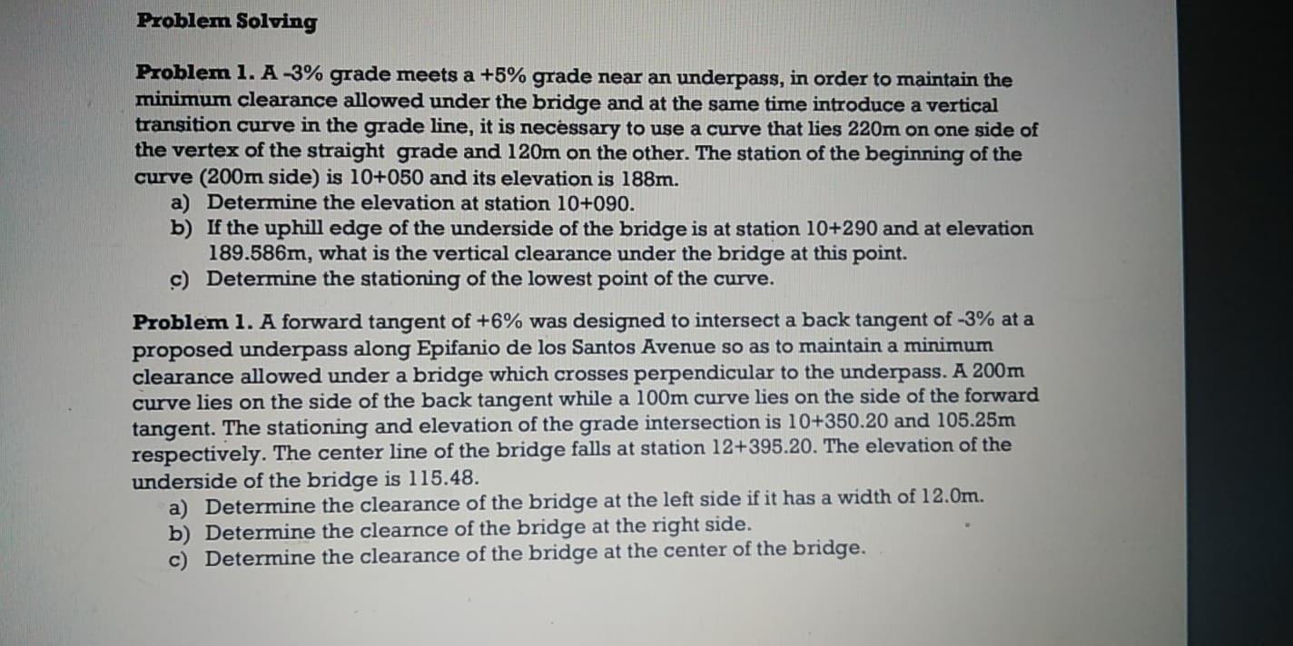 Solved Problem Solving Problem 1. A -3% grade meets a +5% | Chegg.com