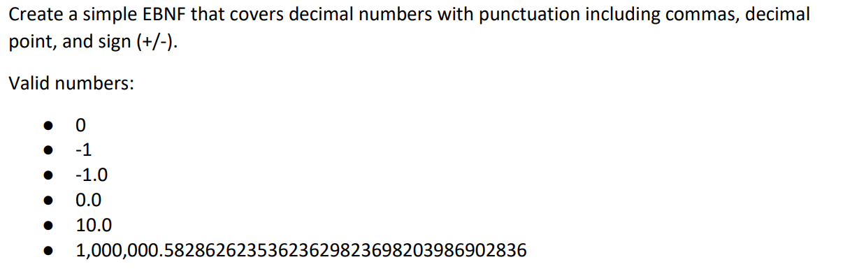 Solved Create a simple EBNF that covers decimal numbers with | Chegg.com