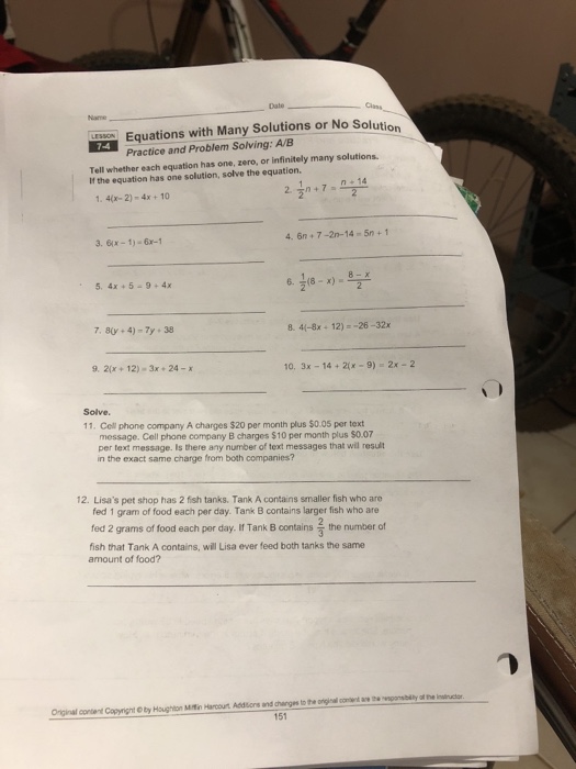 Solved Equations With Many Solutions Or No Solution Practice Chegg