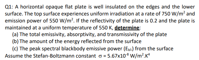 Solved Q1: A horizontal opaque flat plate is well insulated | Chegg.com