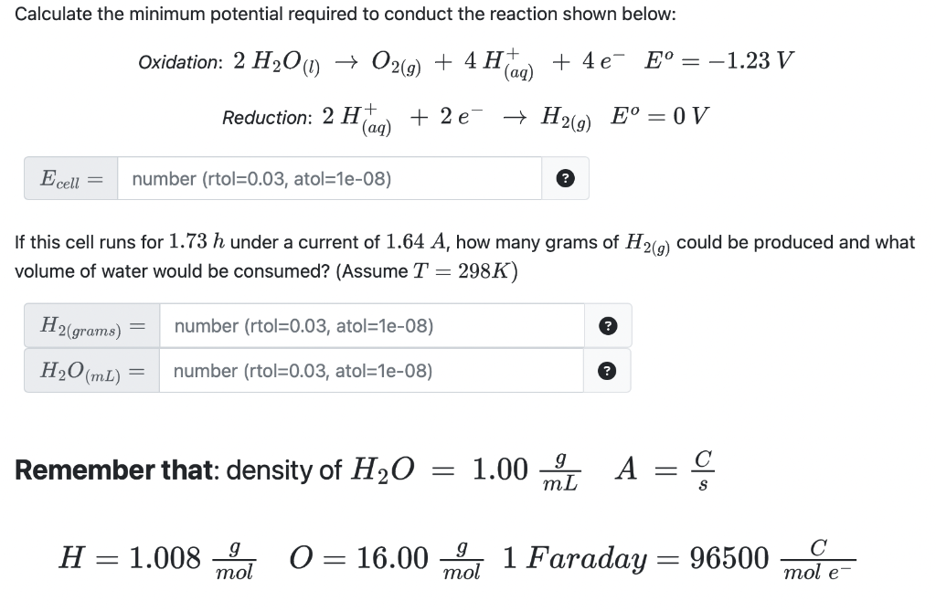 Solved Oxidation: 2H2O(l)→O2(g)+4H(aq)++4e−Eo=−1.23 V | Chegg.com
