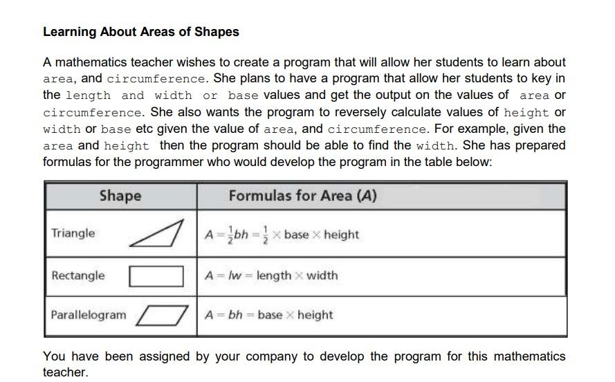 Solved Learning About Areas of Shapes A mathematics teacher | Chegg.com