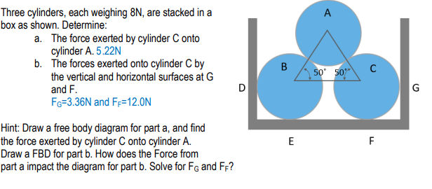 Solved A Three cylinders, each weighing 8N, are stacked in a | Chegg.com