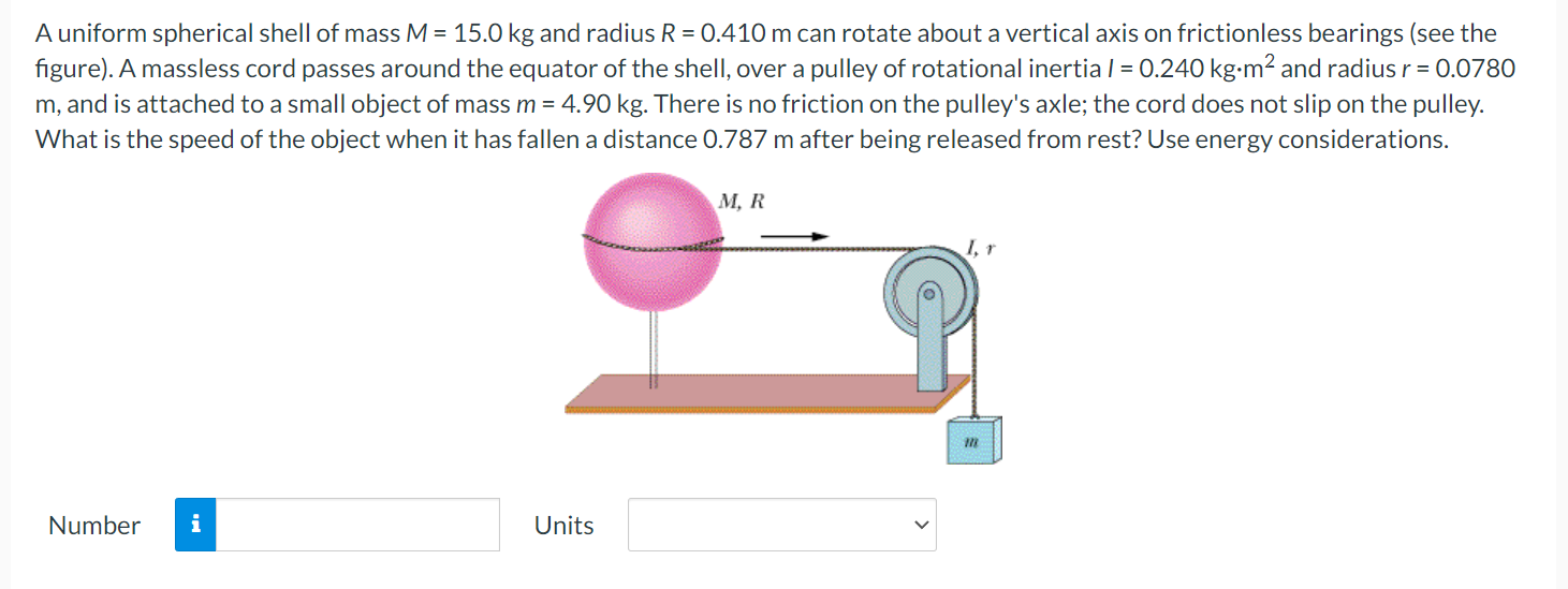 Solved A uniform spherical shell of mass M=15.0 kg and | Chegg.com