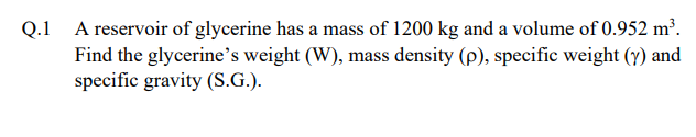 Solved code class="asciimath">Q. 1 ﻿A reservoir of glycerine | Chegg.com