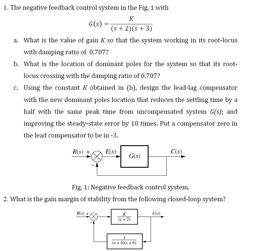 Solved = 1. The negative feedback control system in the Fig. | Chegg.com