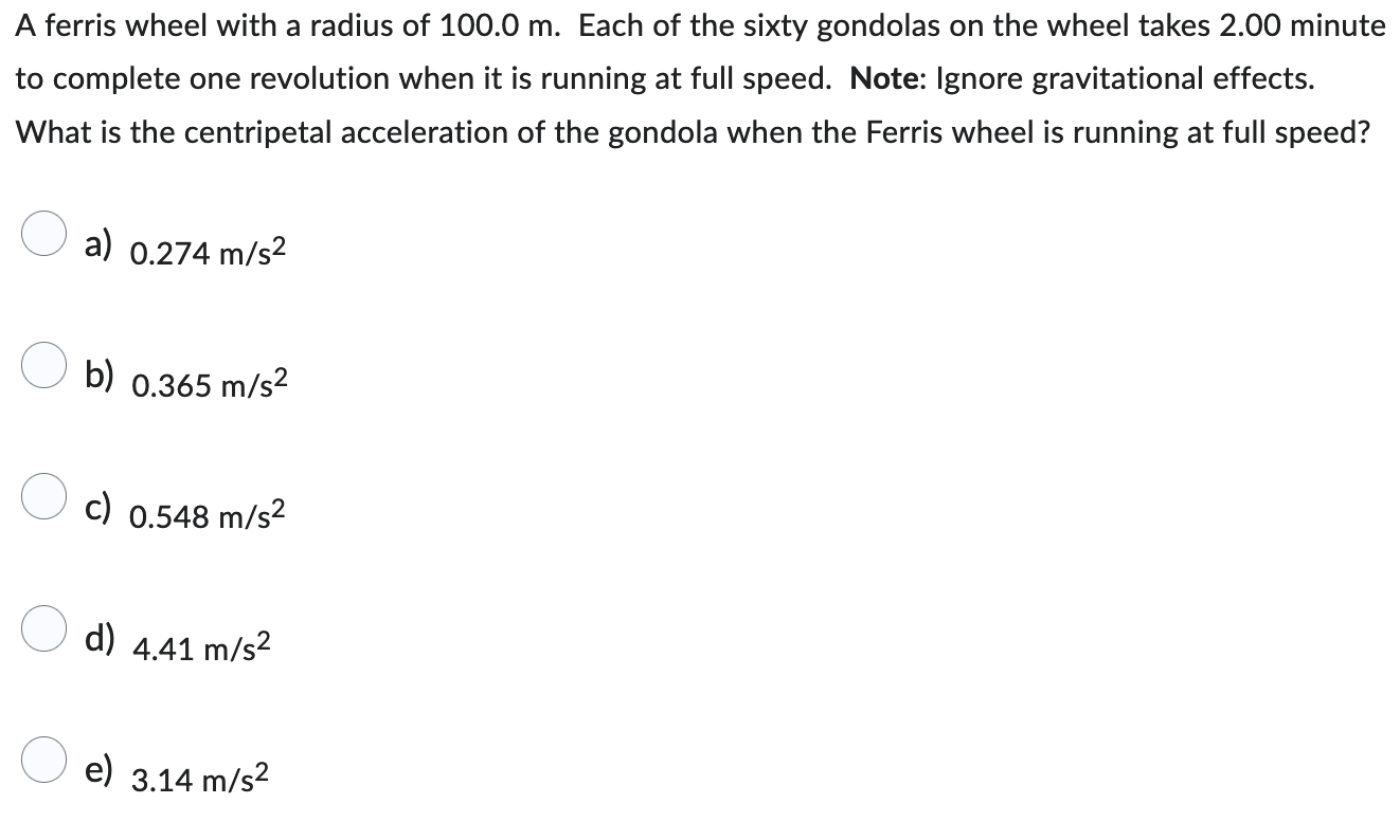 Solved A ferris wheel with a radius of 100.0 m. Each of the | Chegg.com