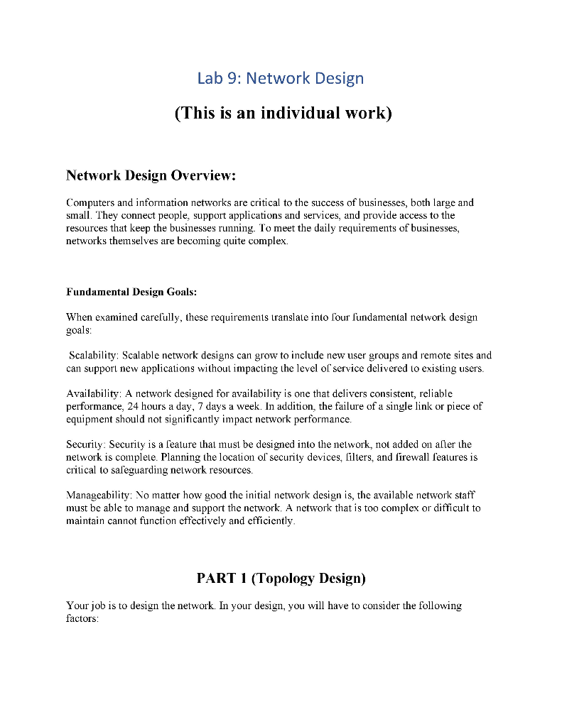 Lab 9: Network Design (This is an individual work) | Chegg.com