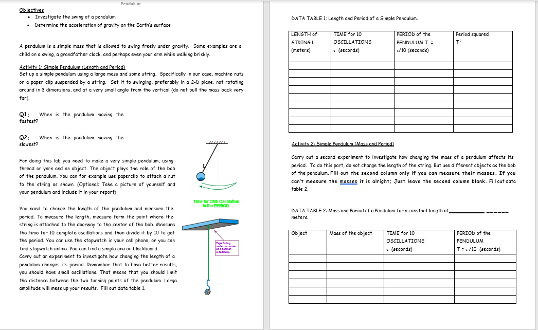 Qbiectives - Investigate the swing of a pendulum DATA | Chegg.com