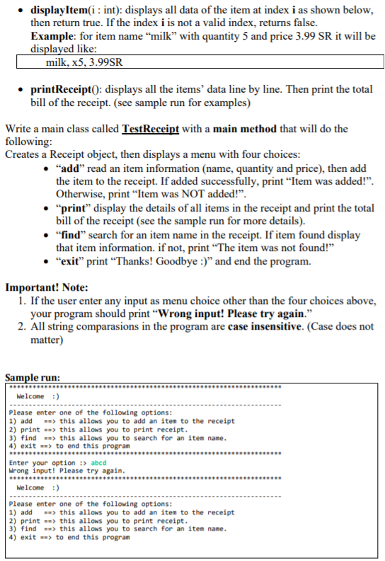 Solved Write a class Receipt that stores a list of items' | Chegg.com