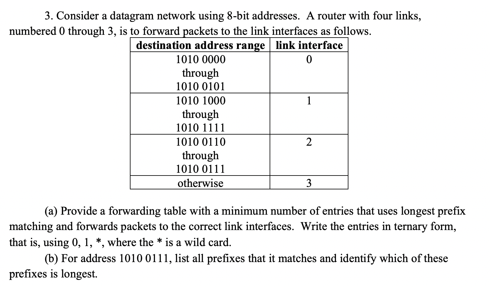 Solved 3. Consider a datagram network using 8-bit addresses. | Chegg.com