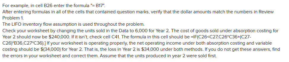 Solved For example, in cell B26 enter the formula "= B17". | Chegg.com