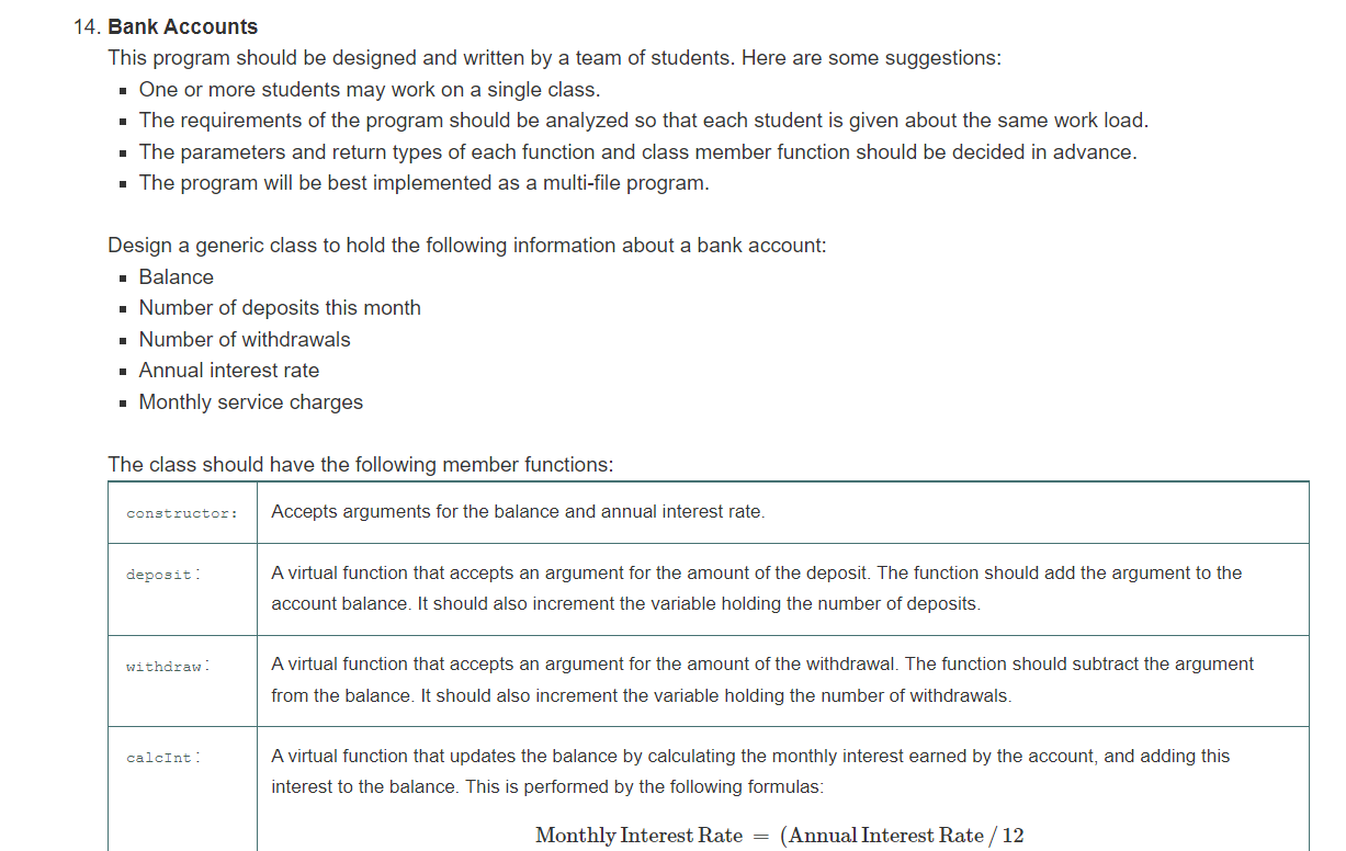 Solved 14. Bank Accounts This program should be designed and | Chegg.com