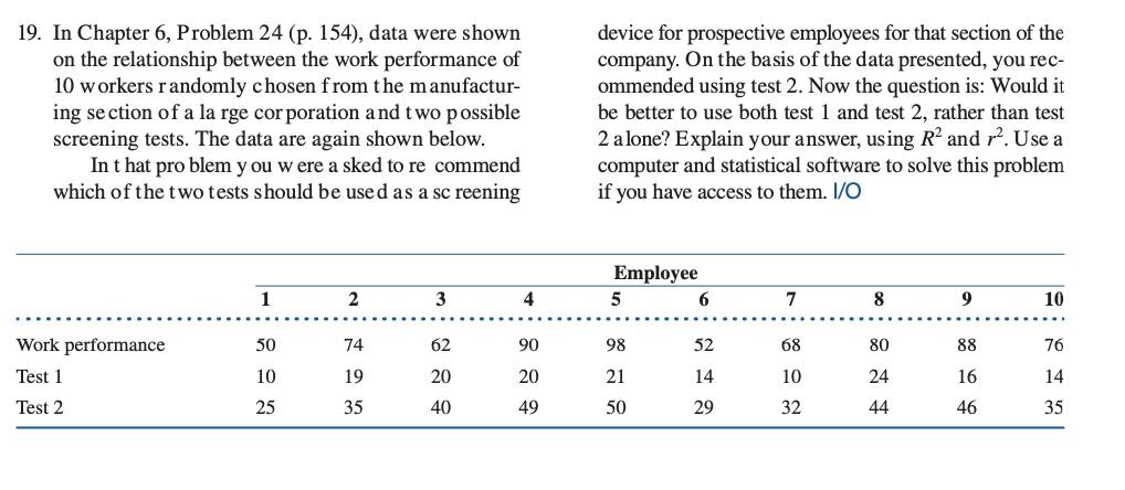 Solved 19. In Chapter 6, Problem 24 (p. 154), data were | Chegg.com