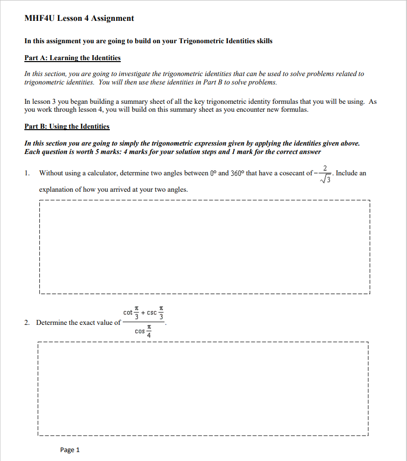 Solved MHF4U Lesson 4 Assignment In this assignment you are | Chegg.com
