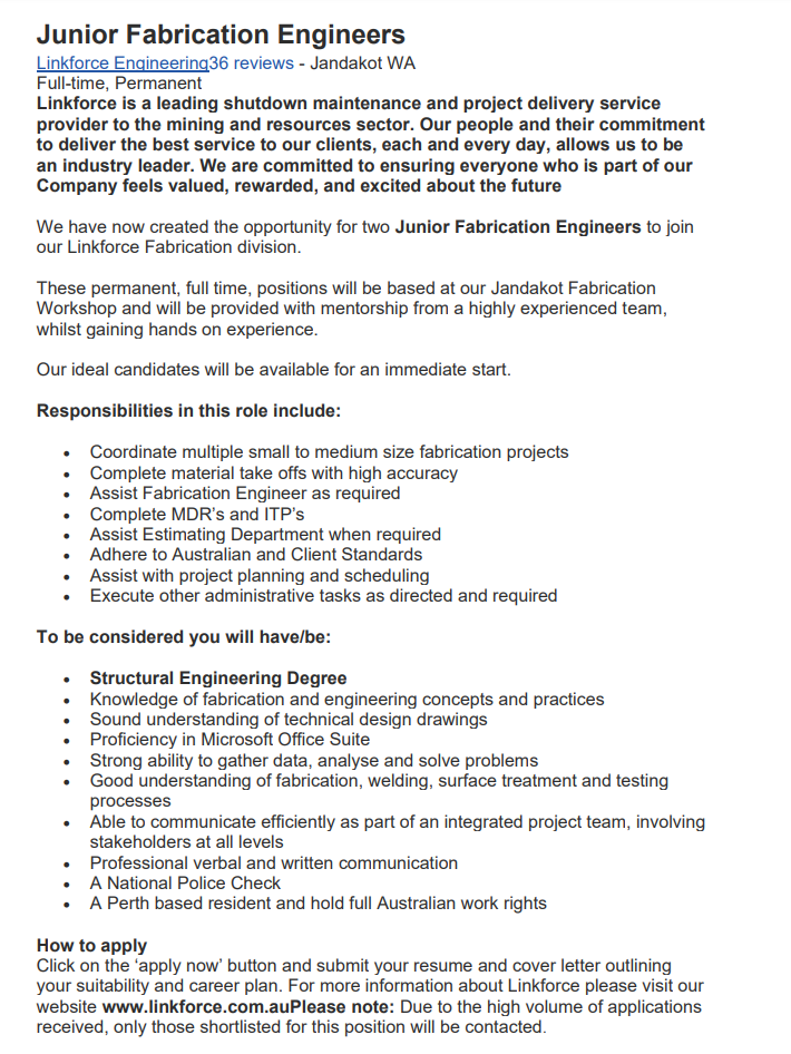 Solved Junior Fabrication Engineers Linkforce Engineering36 | Chegg.com