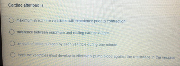 Solved Cardiac afterload is: O maximum stretch the | Chegg.com