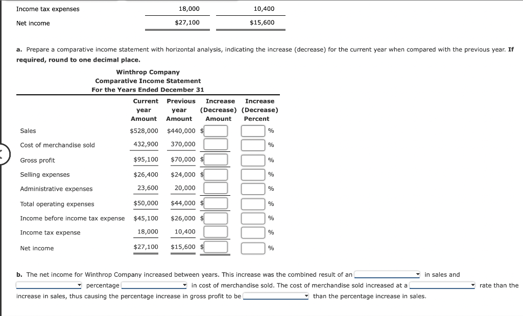 Solved Horizontal Analysis of the Income Statement Income | Chegg.com