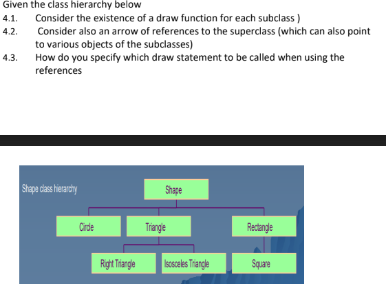 Solved Given the class hierarchy below 4.1. Consider the | Chegg.com