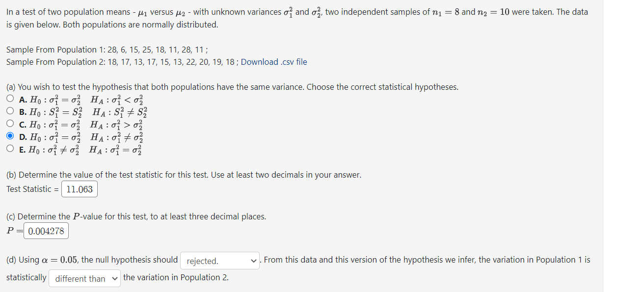 Solved In a test of two population means - μ1 versus μ2 - | Chegg.com