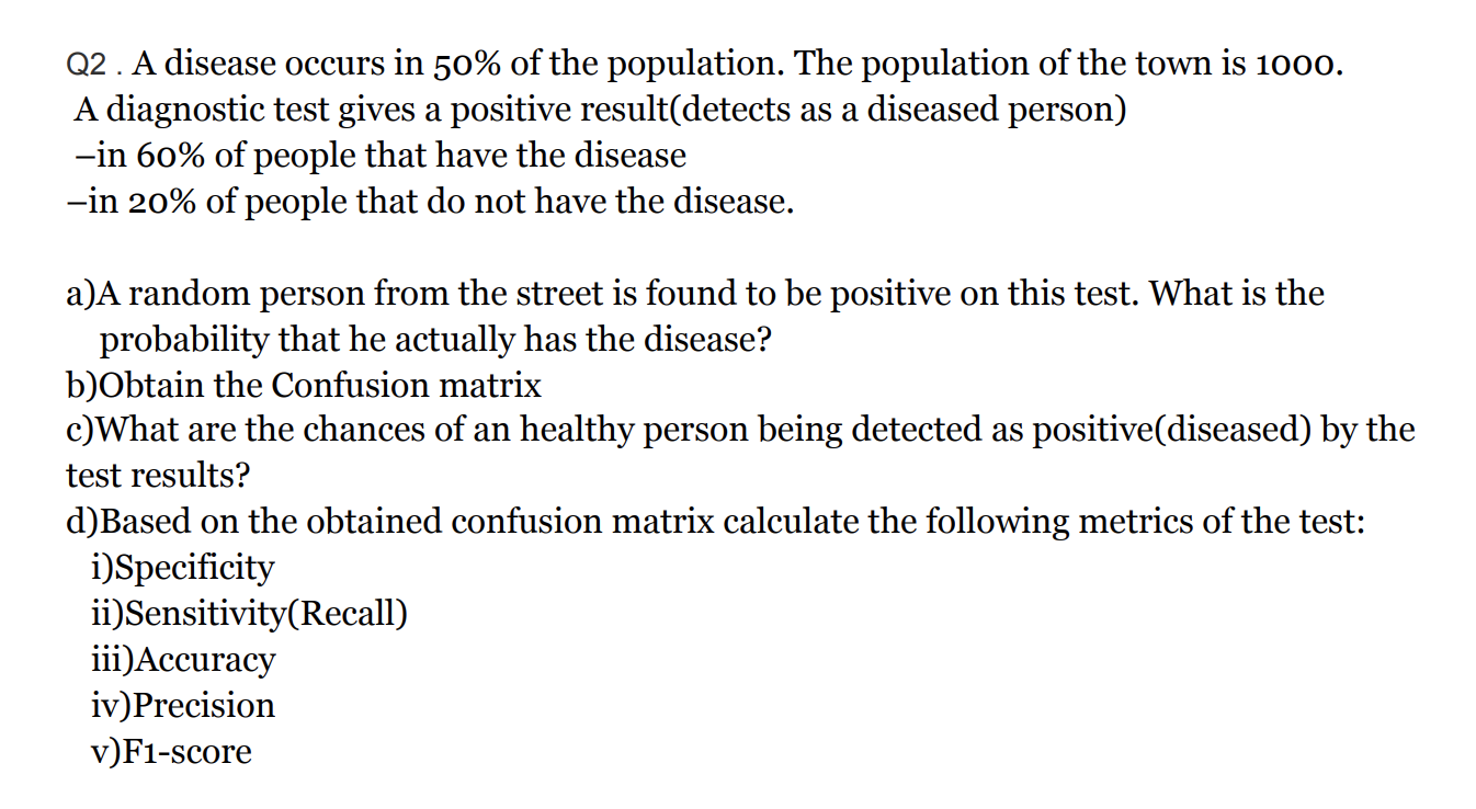 Solved Q2 . A disease occurs in 50% of the population. The | Chegg.com
