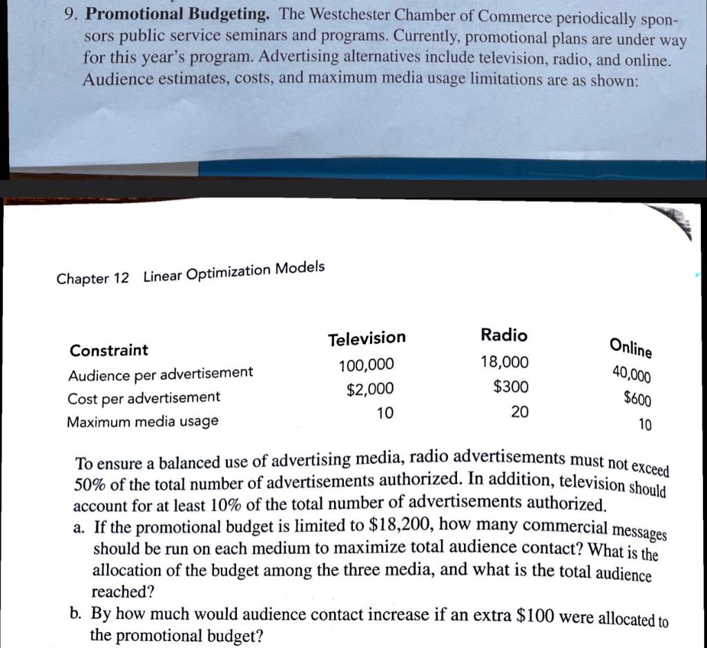 Solved 9. Promotional Budgeting. The Westchester Chamber of | Chegg.com