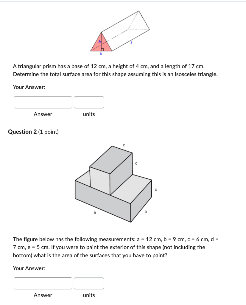 Solved A triangular prism has a base of 12 cm, a height of 4 | Chegg.com