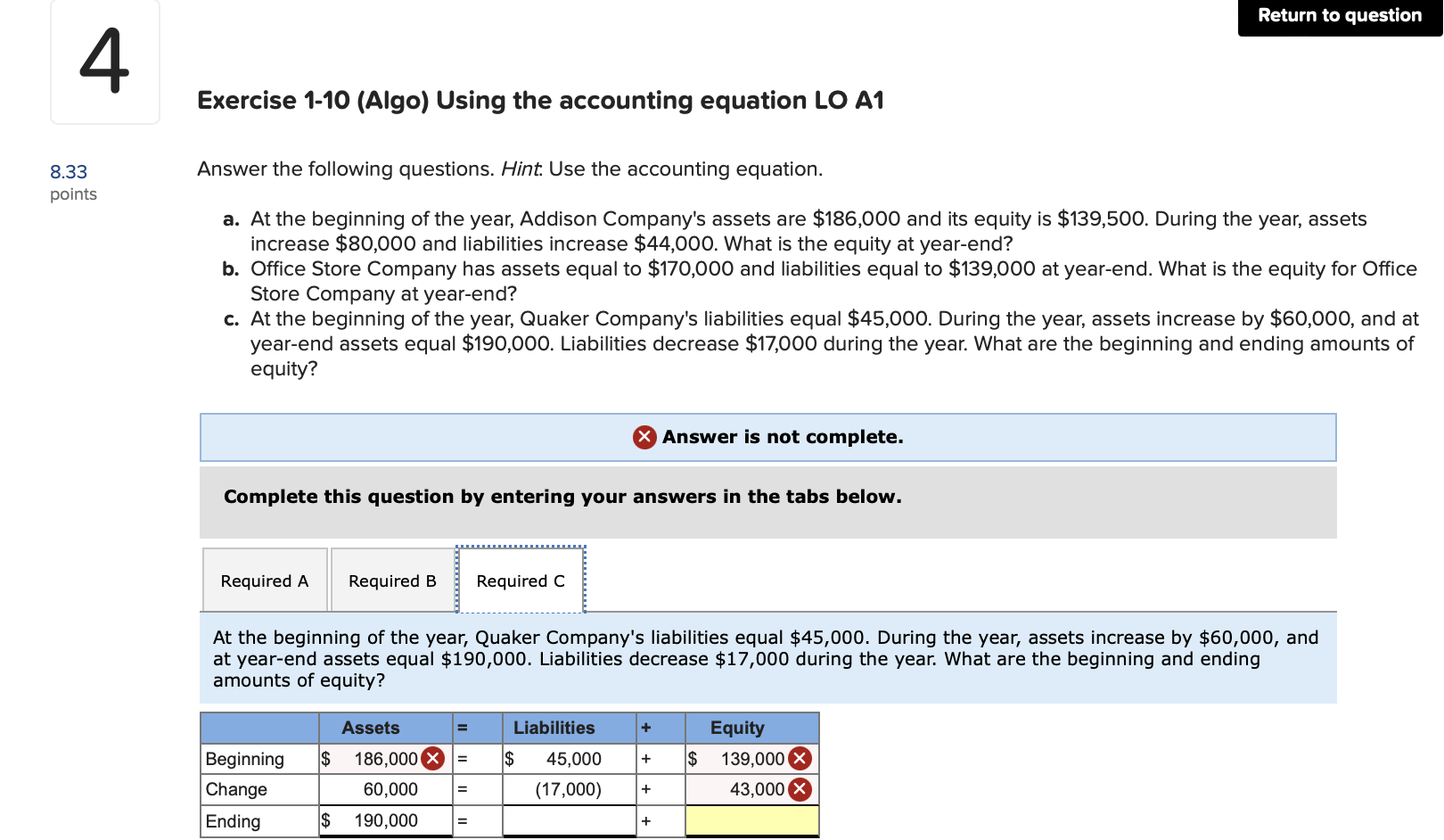 Solved 4Exercise 1-10 (Algo) ﻿Using the accounting equation | Chegg.com