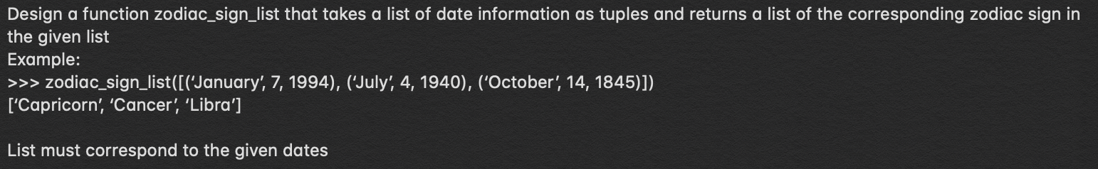 Solved Design a function zodiac_sign_list that takes a list | Chegg.com
