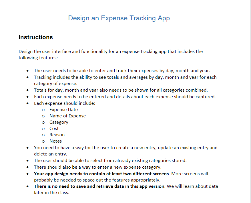 Solved Design an Expense Tracking App Instructions Design | Chegg.com