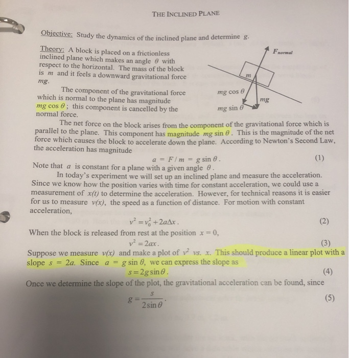 Solved The Inclined Plane Lab 1 Prelab 1 State The Chegg