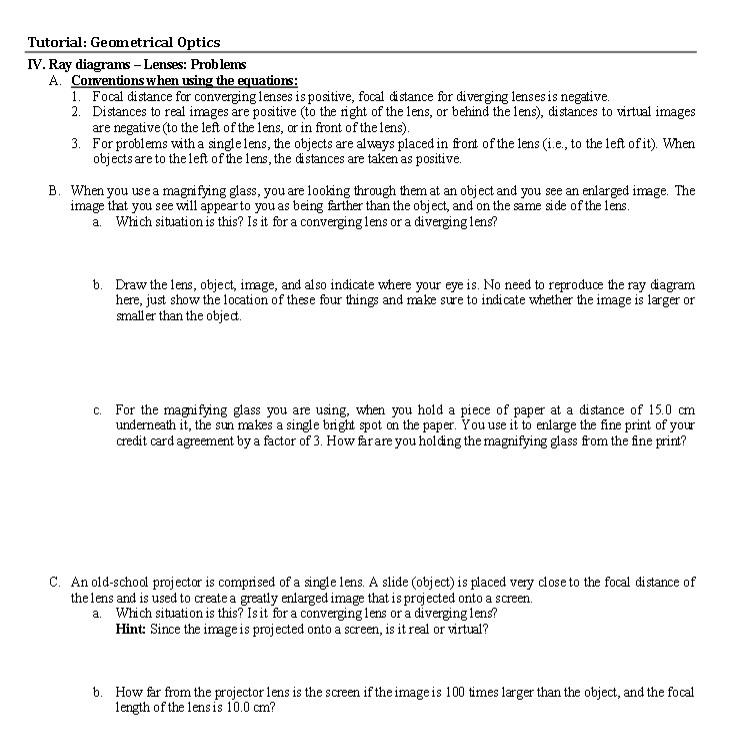 Solved V. Ray diagrams - Lenses: Problems A. Corwentions | Chegg.com