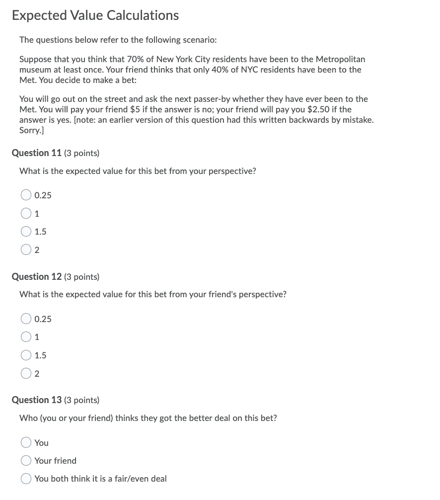 Solved Expected Value Calculations The questions below refer | Chegg.com