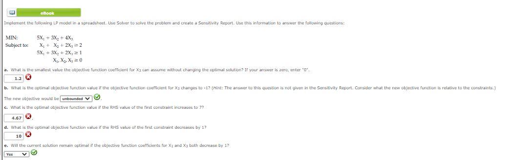 Implement the following LP model in a spreadsheet. | Chegg.com