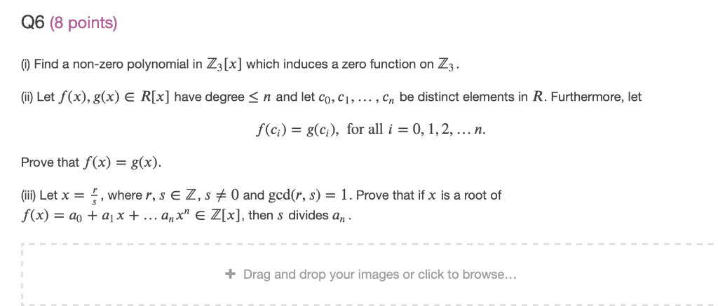 Solved (i) Find a non-zero polynomial in ℤ3[𝑥]Z3[x] which | Chegg.com