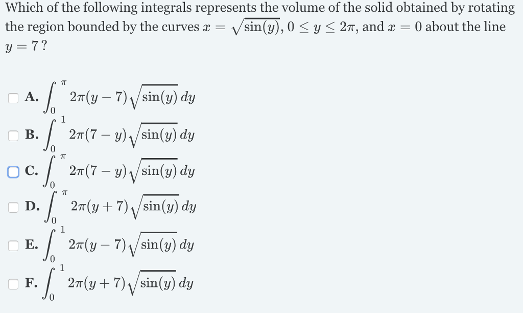 Solved Which of the following integrals represents the | Chegg.com
