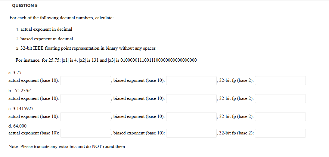 QUESTION 5 For each of the following decimal numbers, | Chegg.com