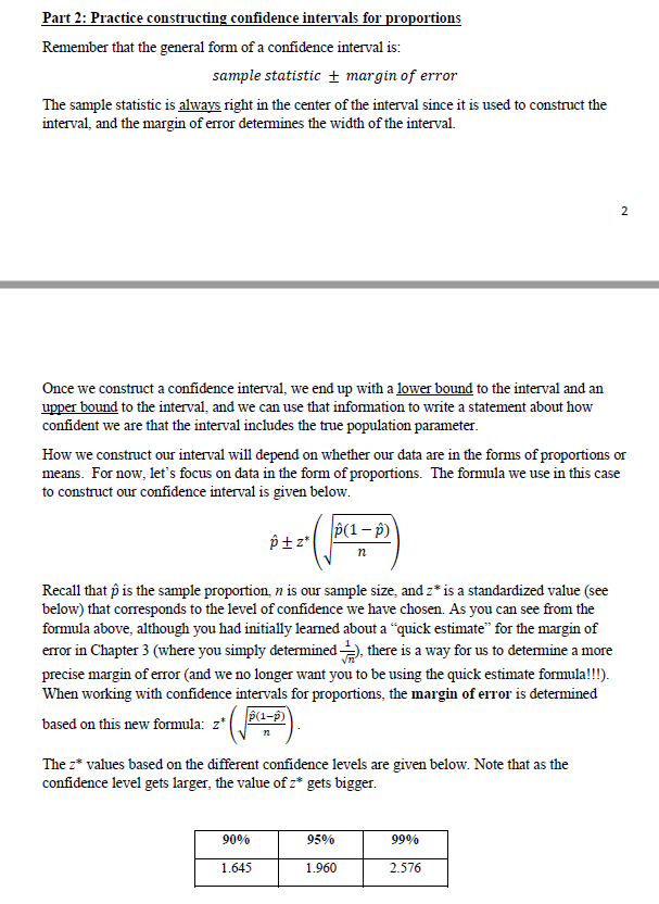 Solved Part 2: Practice constructing confidence intervals | Chegg.com